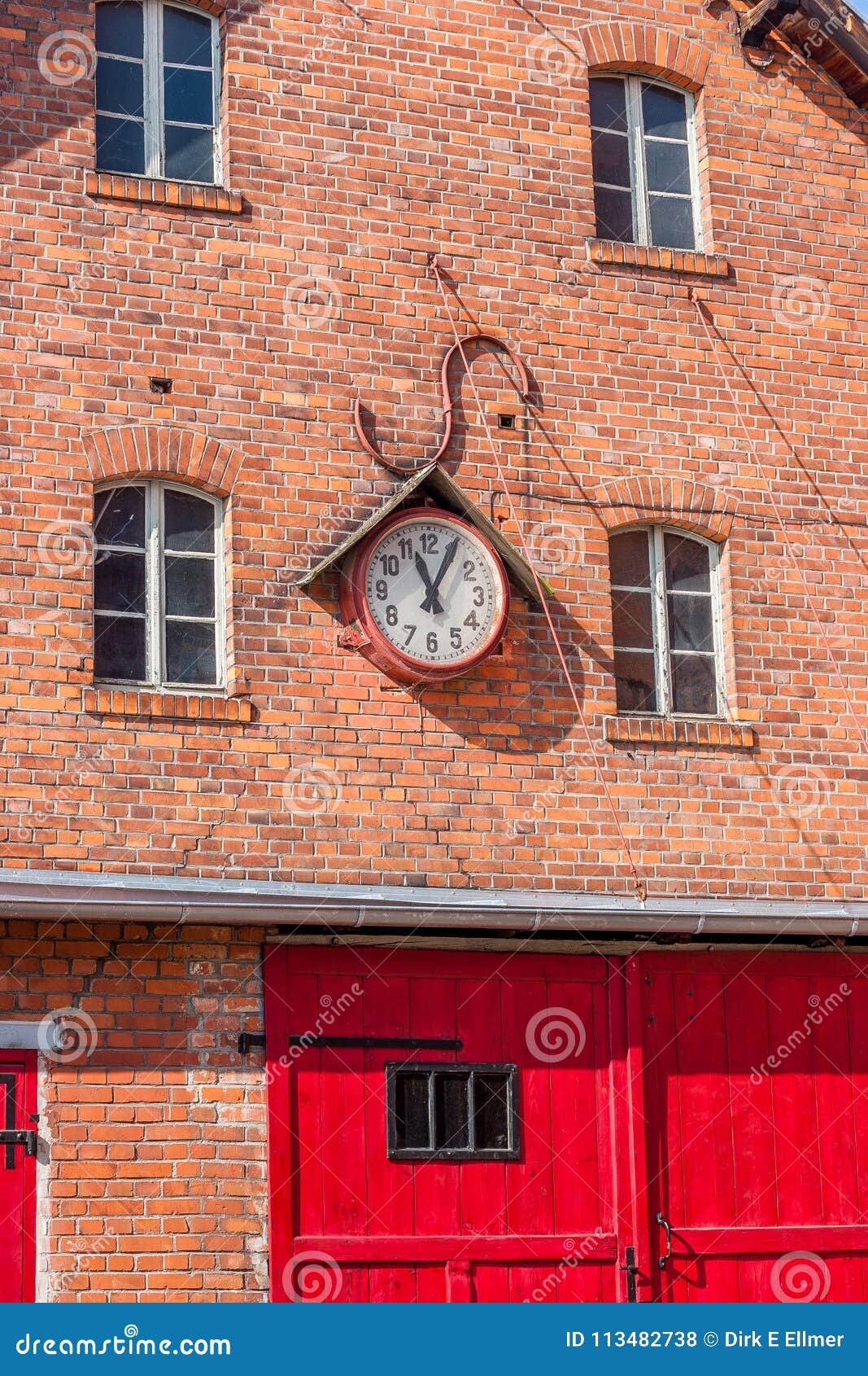 Brick Wall with Window and Wall Clock Stock Photo - Image of stone ...