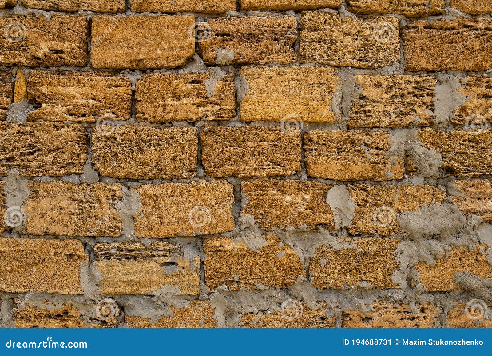 Brick Wall of Yellow Shell Rock. Closeup of Shellstone Texture ...
