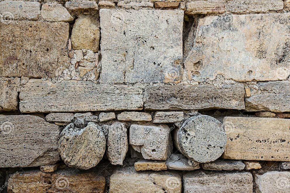 Brick Wall of Yellow Shell Rock. Closeup of Shellstone Texture ...