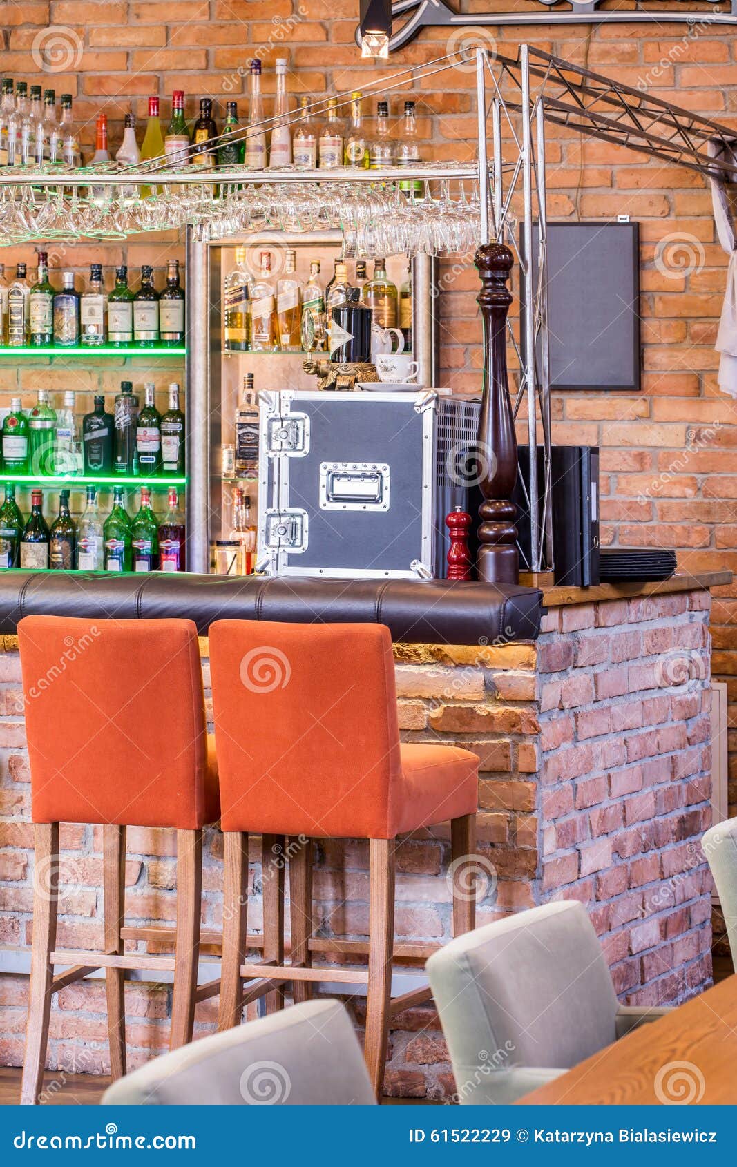 Brick Walls in Industrial Bar Stock Image - Image of chair, cafeteria ...