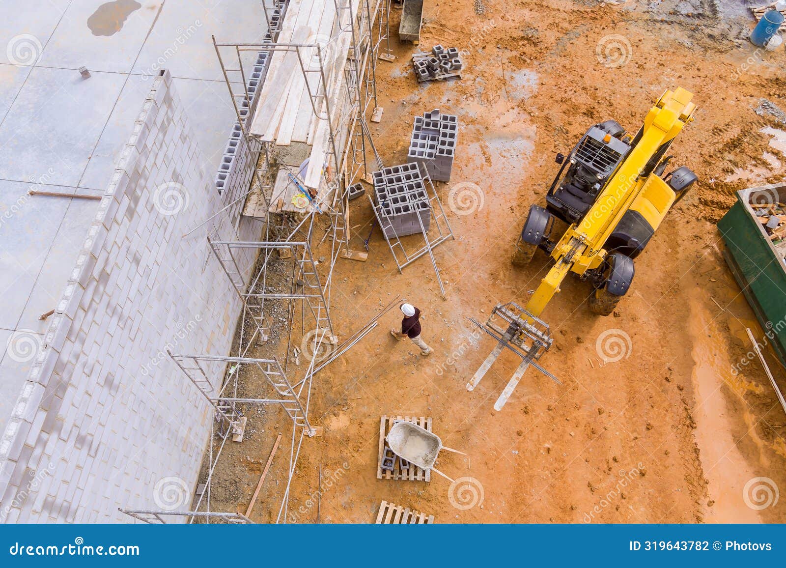 Bricklayer Builder Make Working Concrete Wall from Concrete Blocks ...