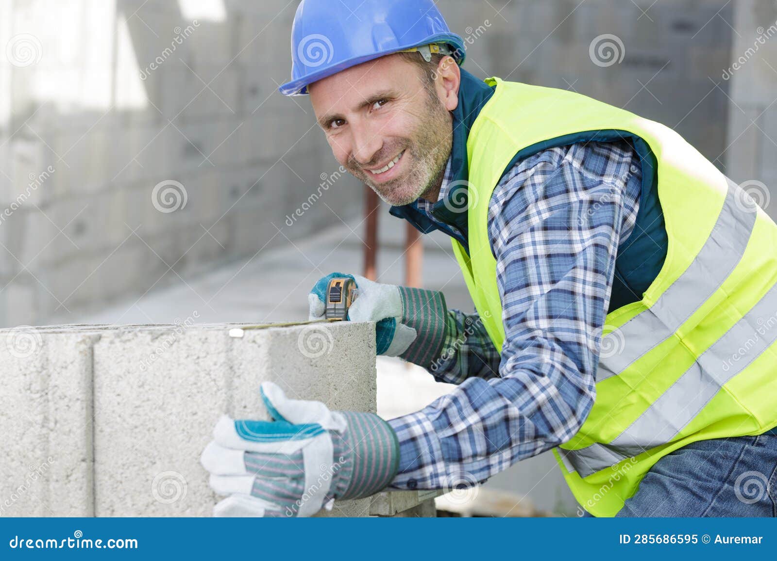 Bricklayer Builder Working with Autoclaved Aerated Concrete Blocks ...