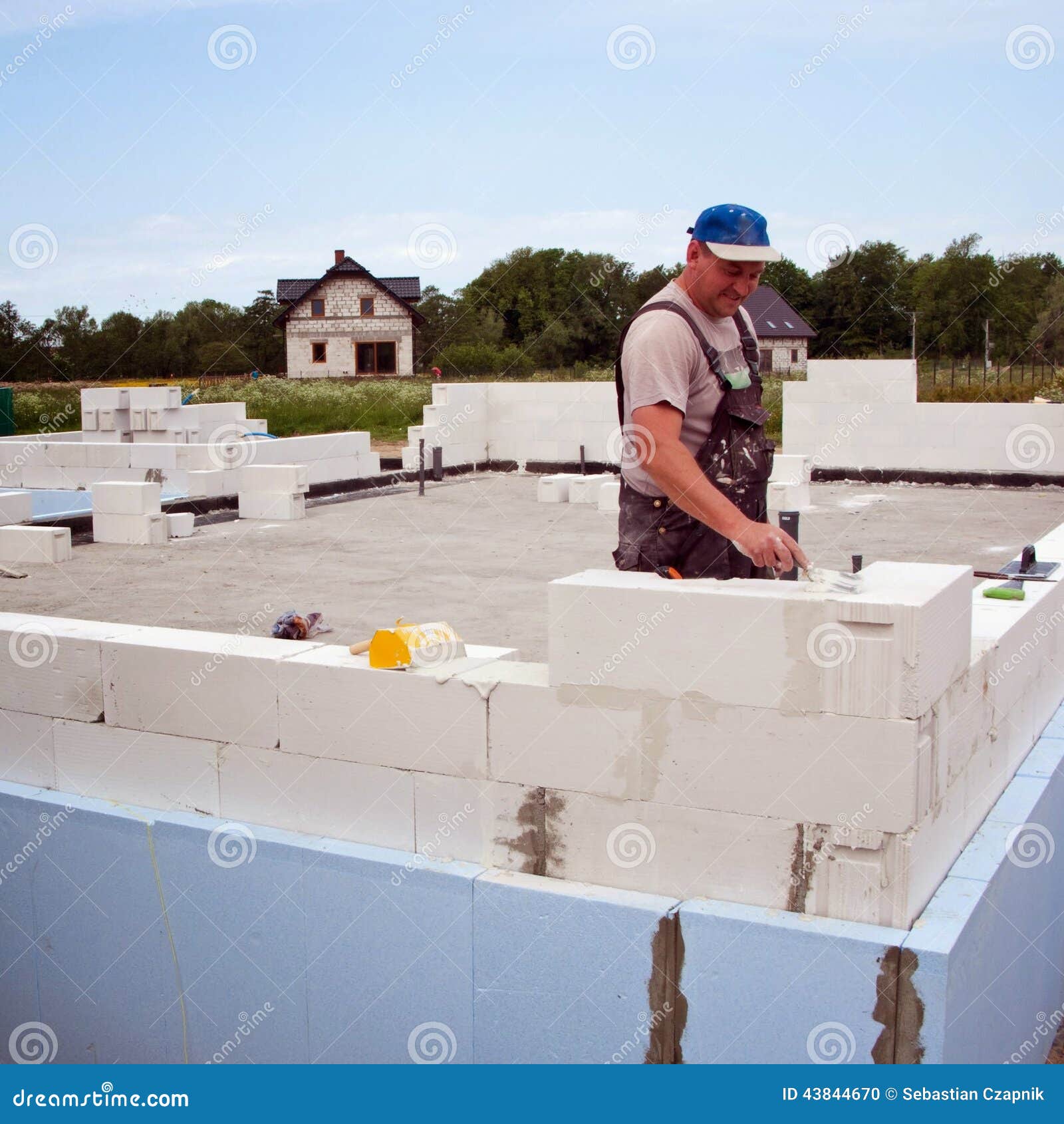 Bricklayer Building Wall from Aerated Concrete Blocks Stock Photo ...