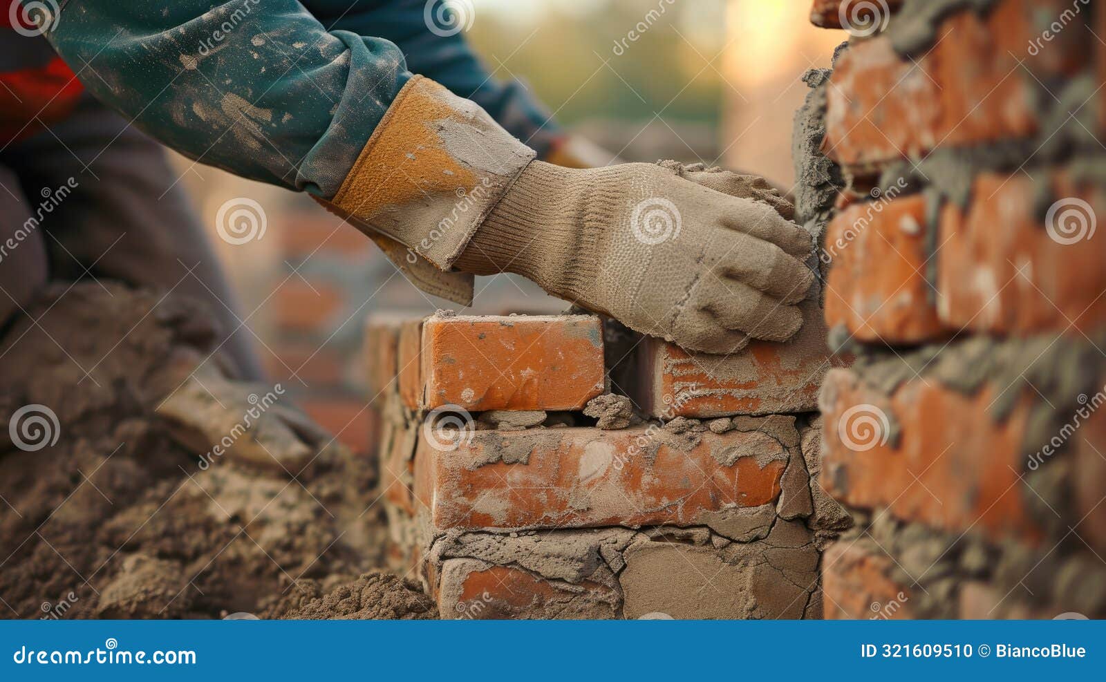 Bricklayer Constructing Mortar Wall with Wood, Brickwork, and Building ...