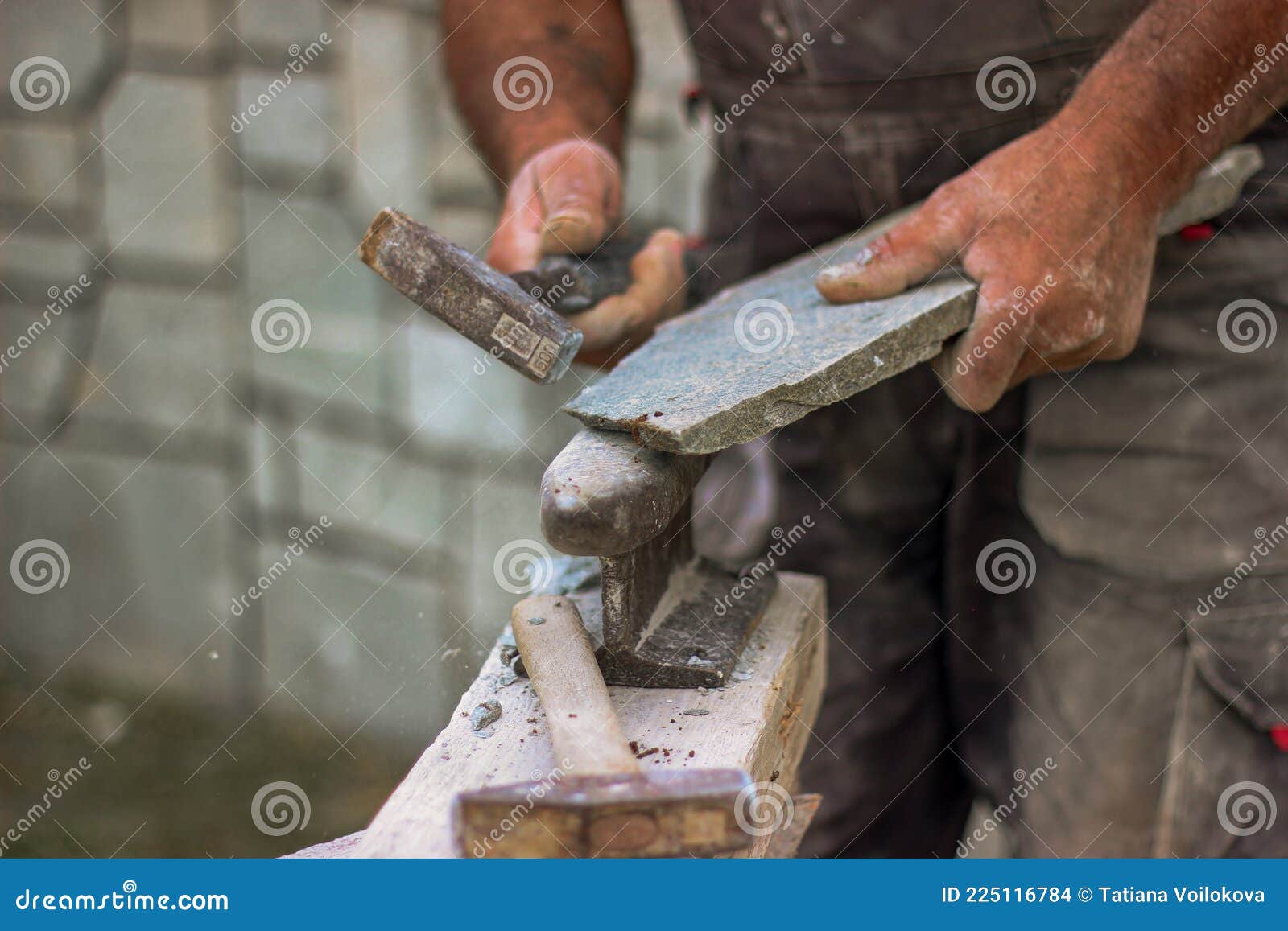 Bricklayer Hands Hold Aluminium Brick Trowel Installing Brick Blocks On ...