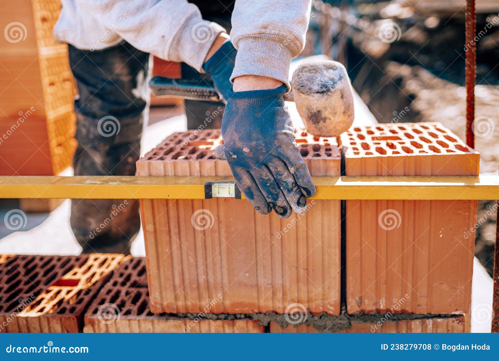 Bricklayer Industrial Worker Installing Brick Masonry on Exterior Wall ...