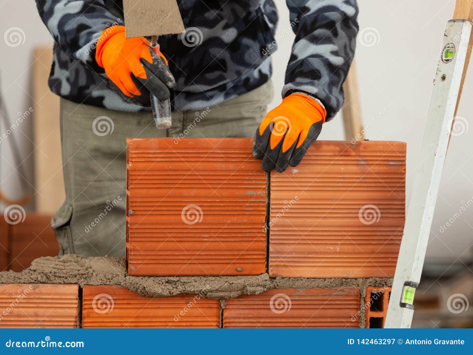 Bricklayer Industrial Worker Installing Old Bricks. Masonry On Exterior ...