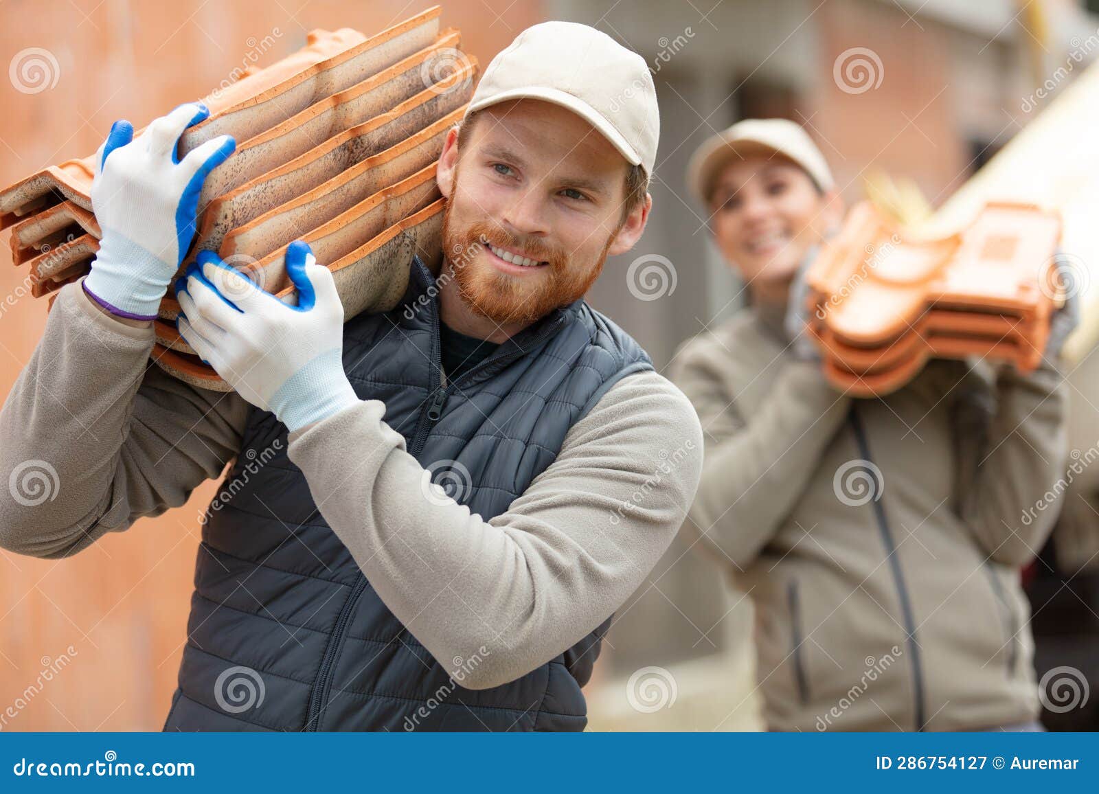 Bricklayer Industrial Workers Carrying Bricks at Construction Site ...