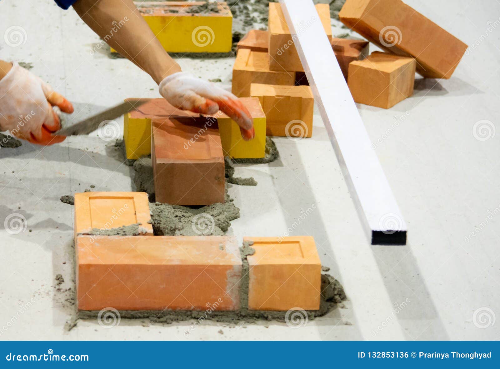 Bricklayer Installing Bricks, Bricklayer Worker Installing Brick Stock ...