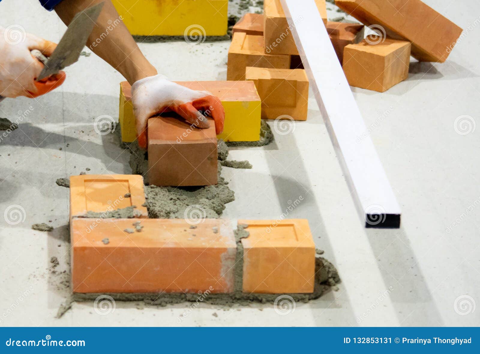 Bricklayer Installing Bricks, Bricklayer Worker Installing Brick Stock ...