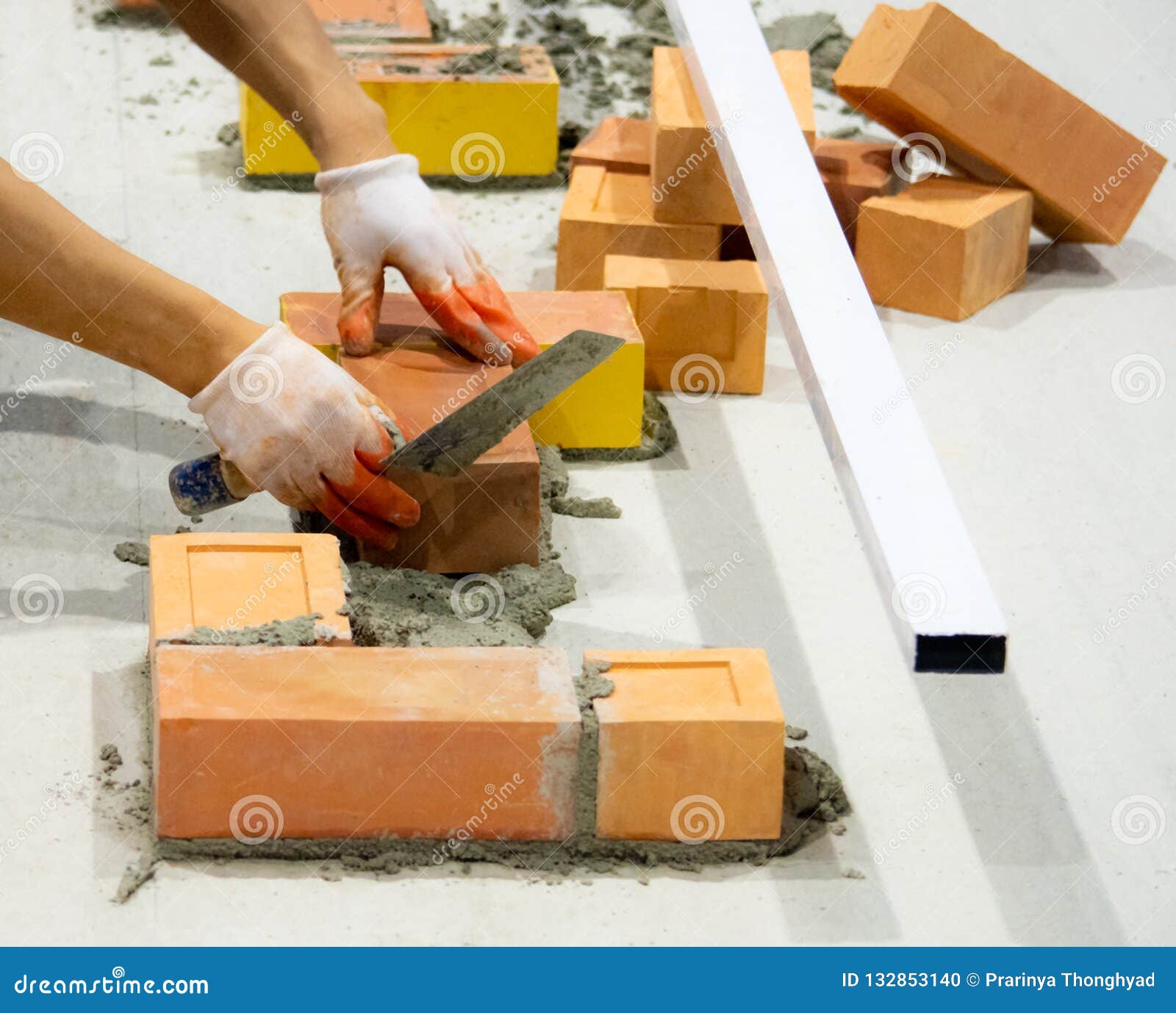 Bricklayer Installing Bricks, Bricklayer Worker Installing Brick Stock ...