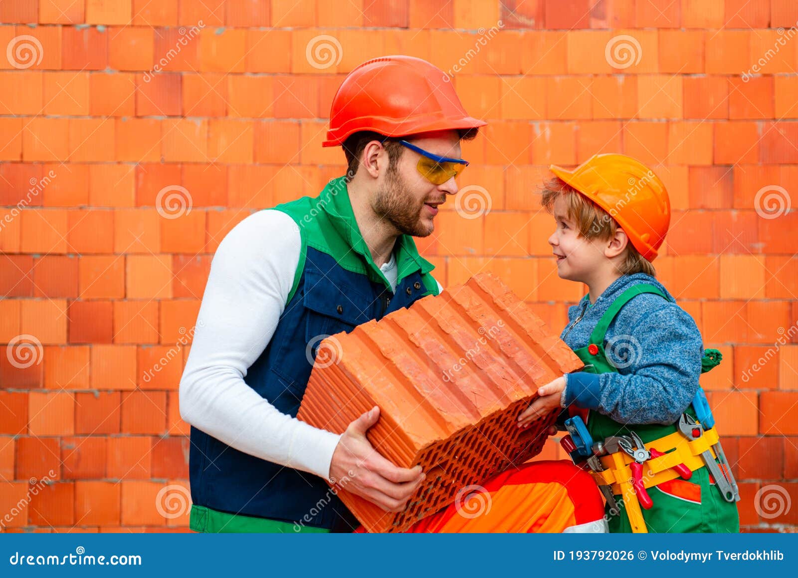 Bricklayer Make Masonry, Builder Work with Brick Layer. Brothers at ...