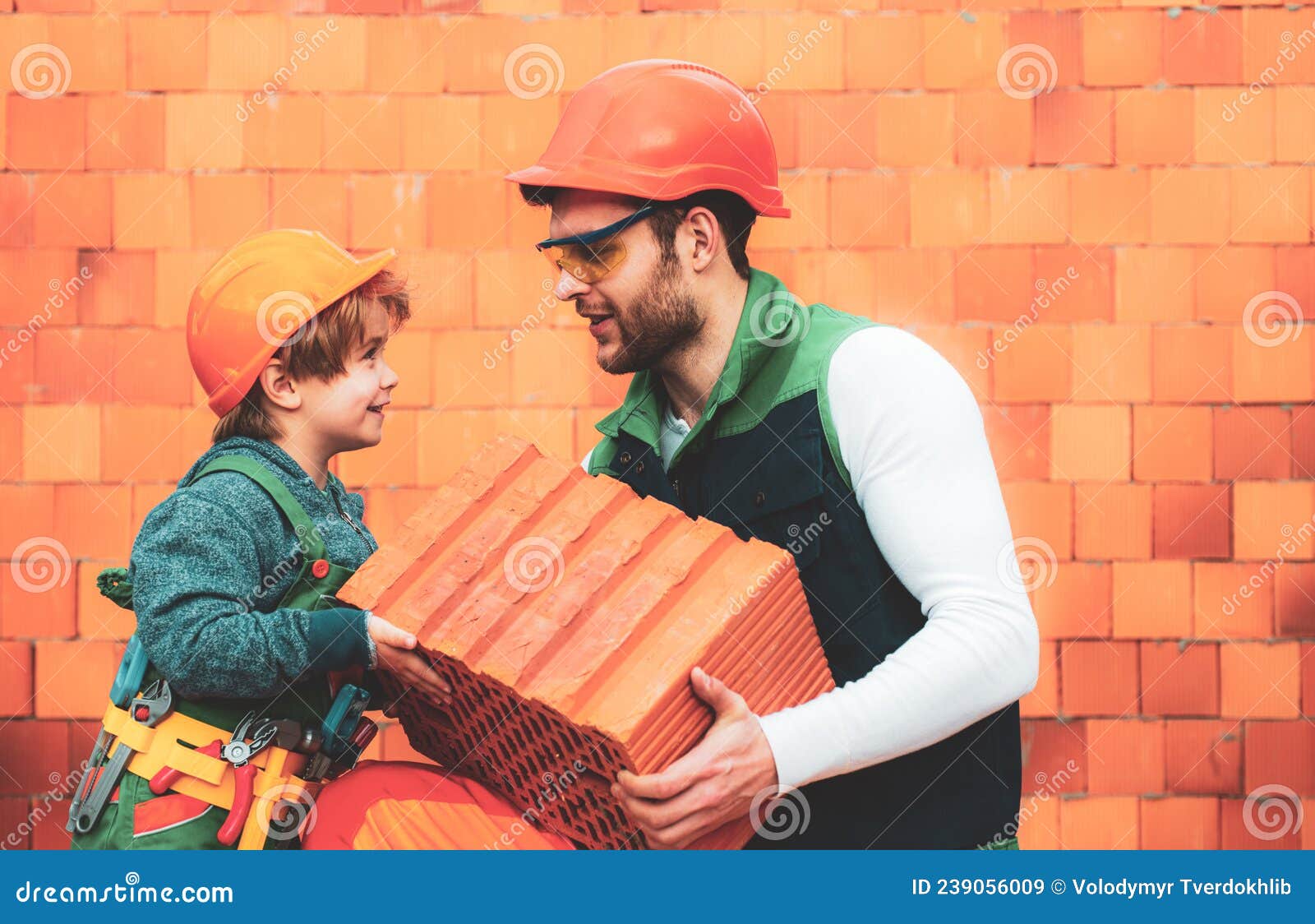 Bricklayer Make Masonry, Builder Work with Brick Layer. Brothers at ...