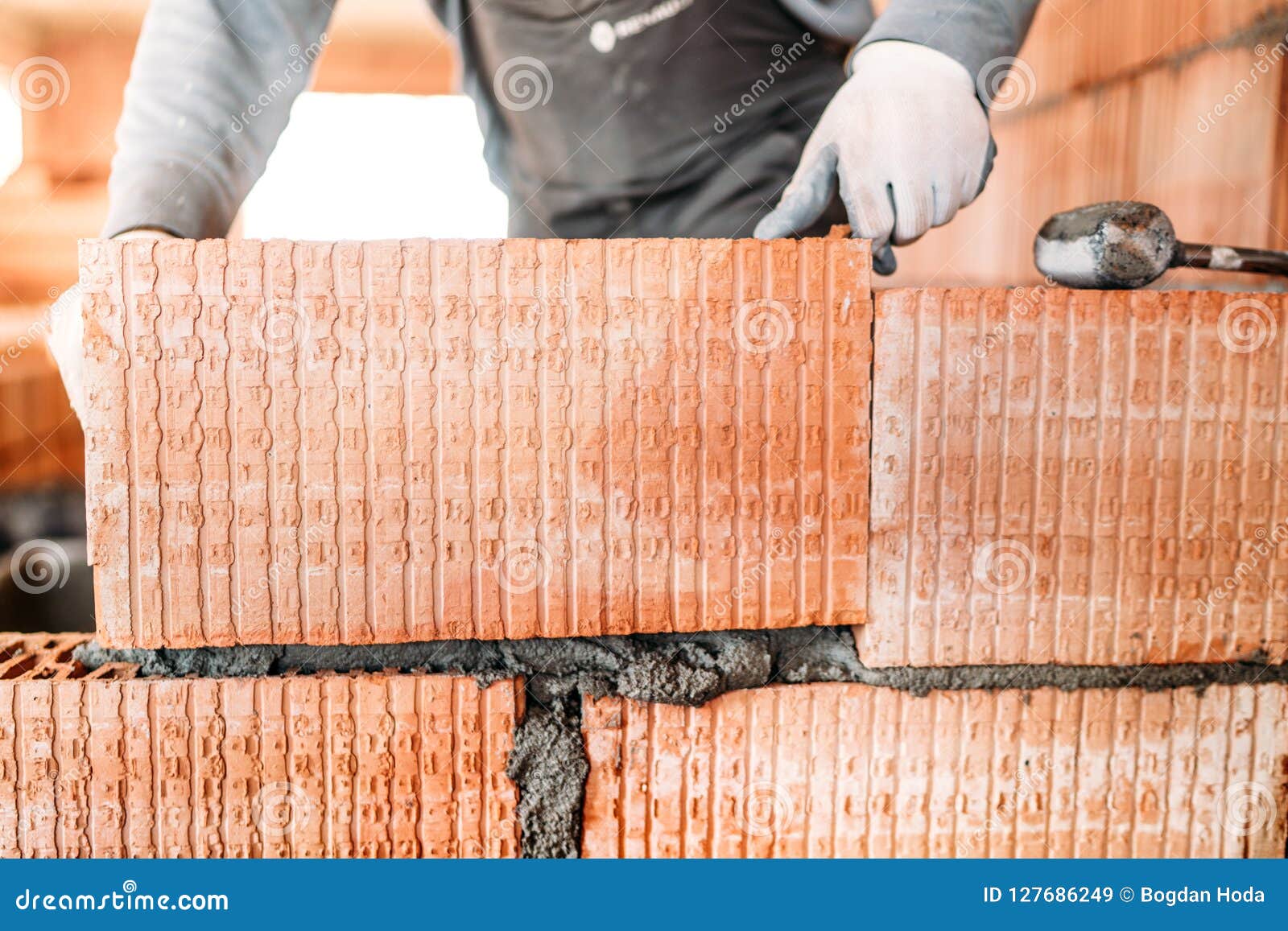 Bricklayer Construction Worker Installing Interior Brick Masonry Stock ...