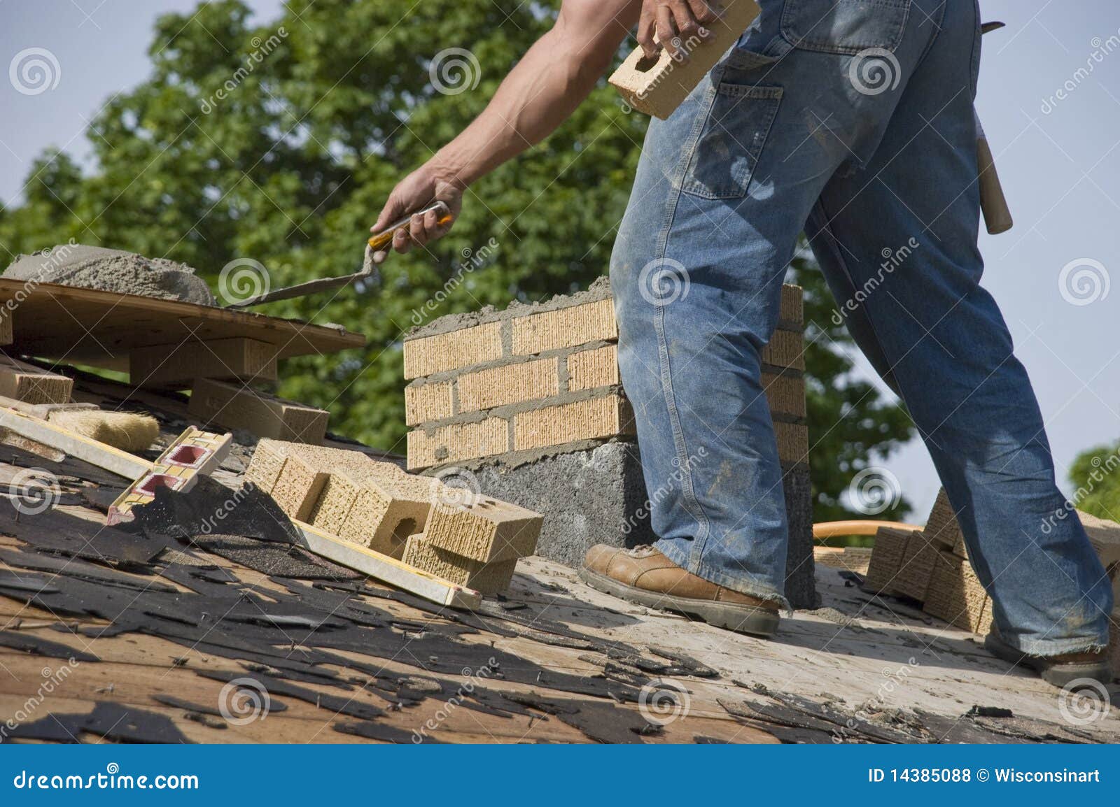 Bricklayer Mason Laying Chimney Bricks on House Stock Photo - Image of ...