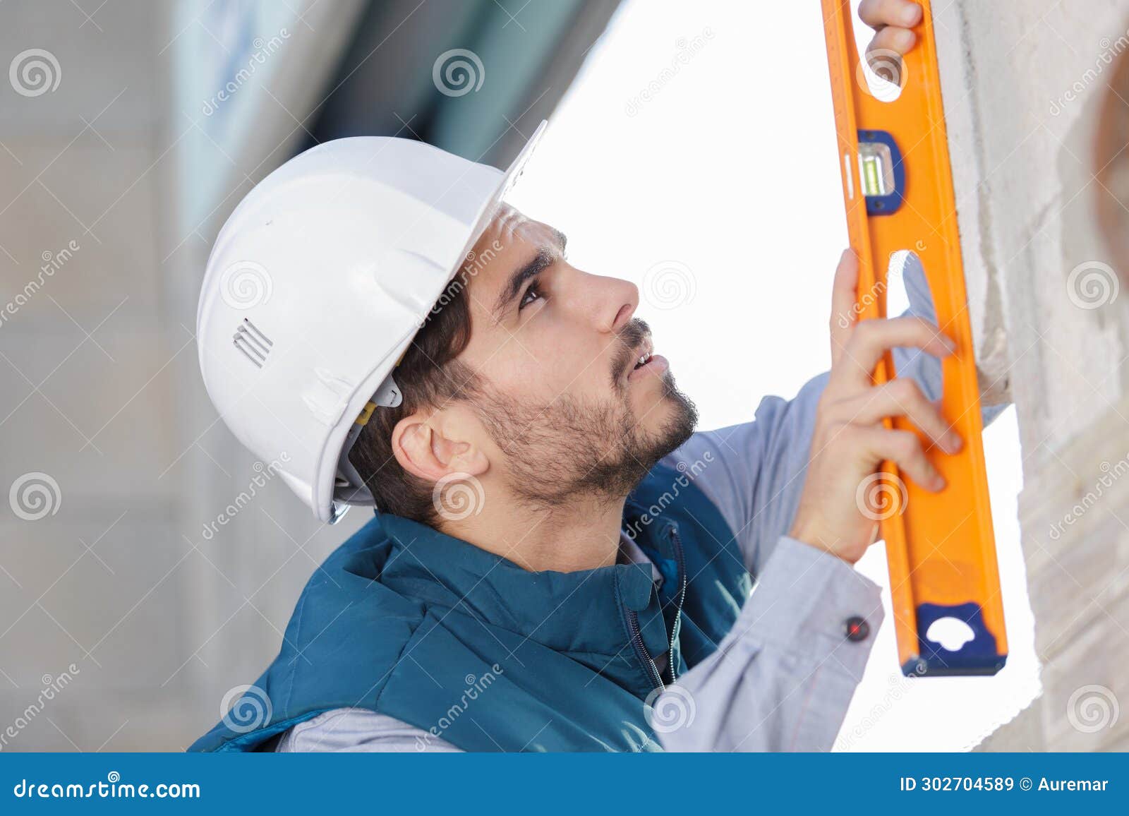 Bricklayer Measuring Level Wall Stock Image - Image of plastering ...