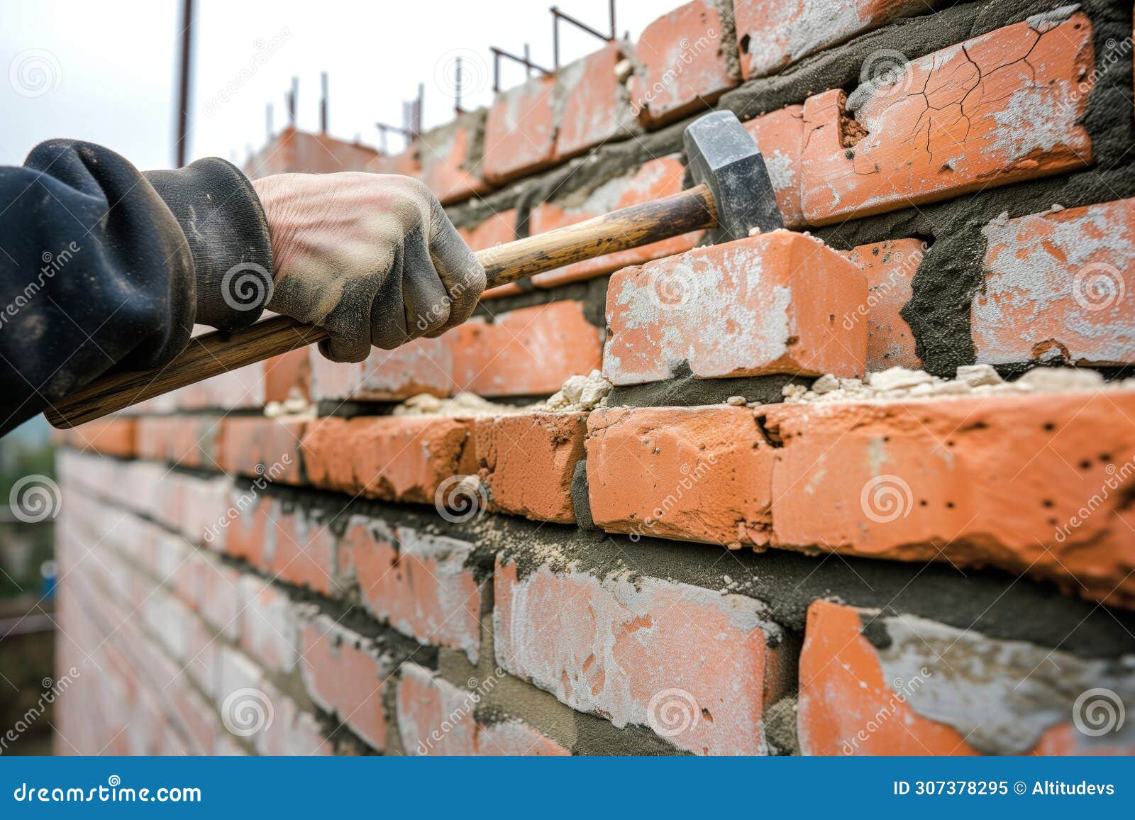 Bricklayer Using a Hammer To Tap Bricks into Place on a Wall Stock ...