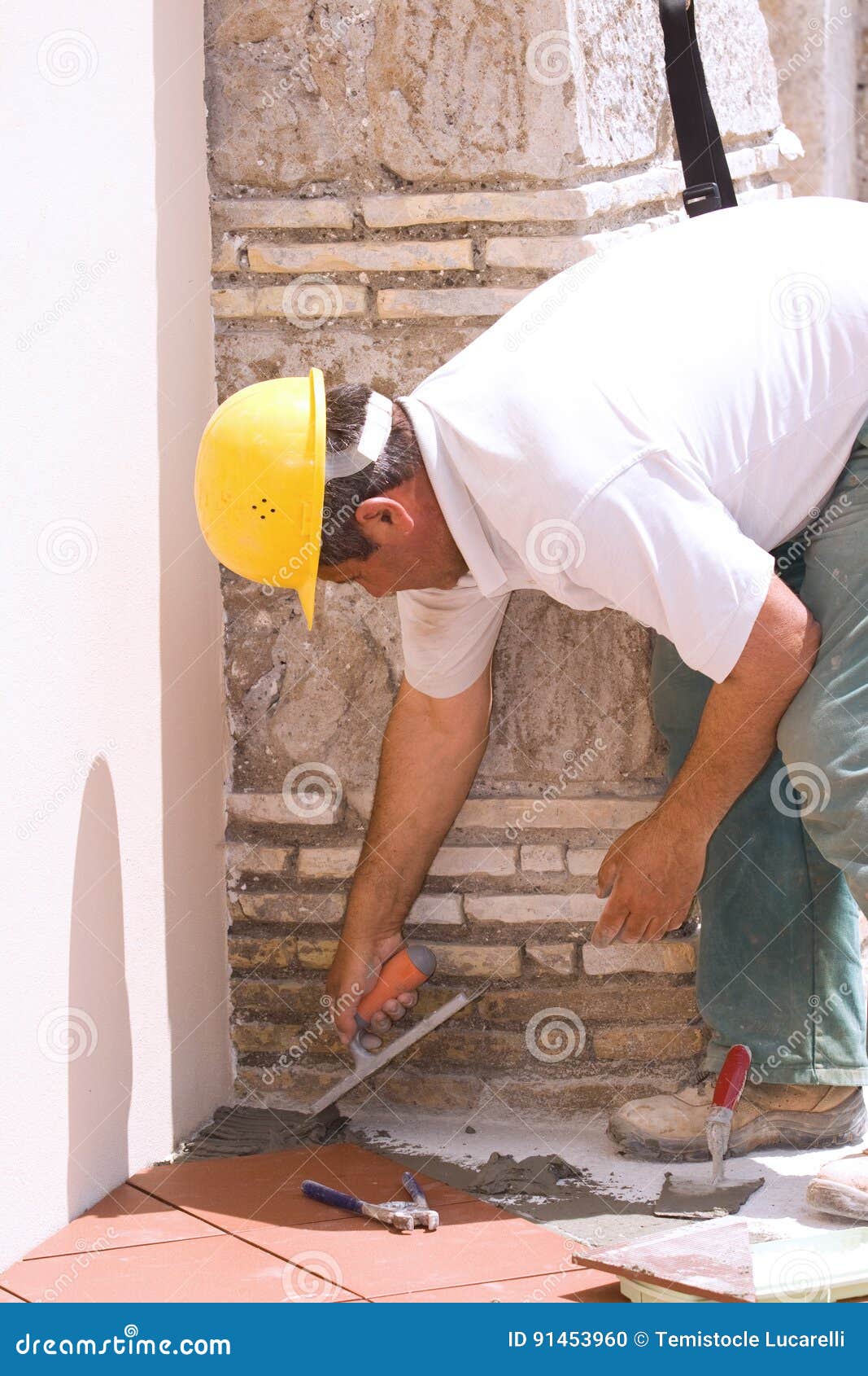Bricklayer at work stock photo. Image of mason, occupation - 91453960