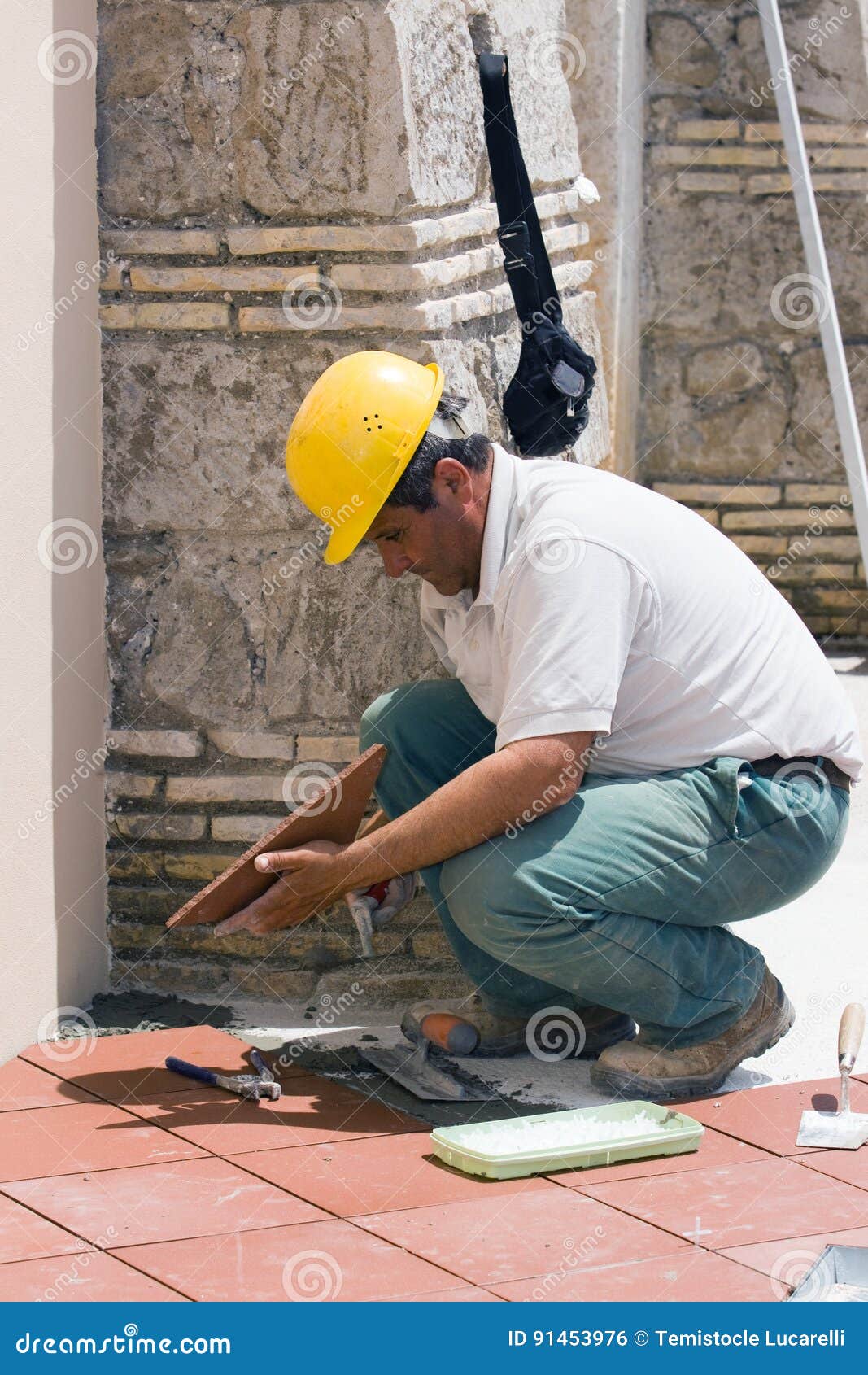 Bricklayer at work stock photo. Image of architecture - 91453976