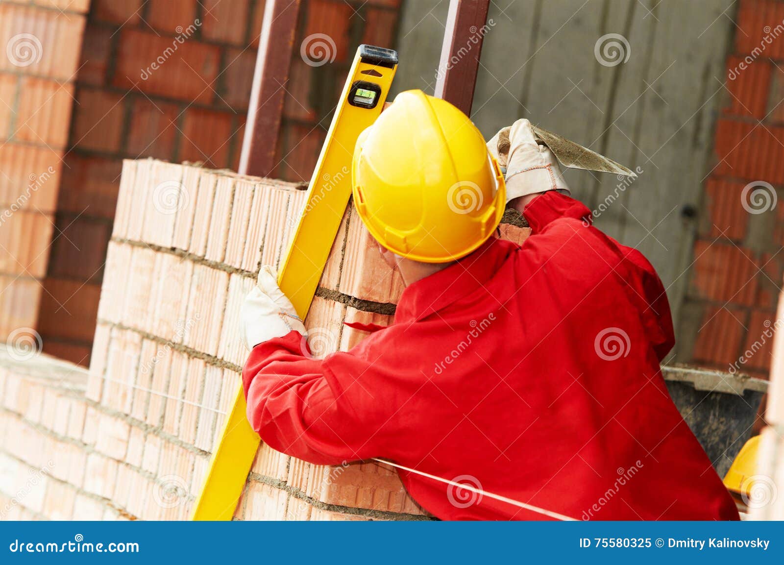 Bricklayer at Work with Red Brick Stock Image - Image of labor ...