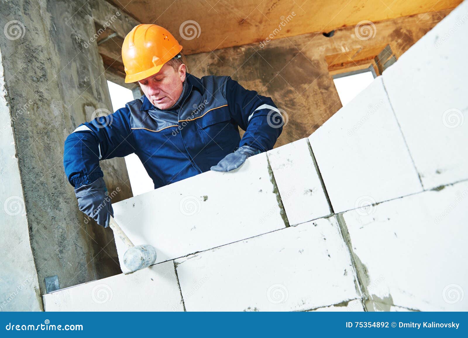 Bricklayer at Work with Silicate Brick Stock Photo - Image of mortal ...