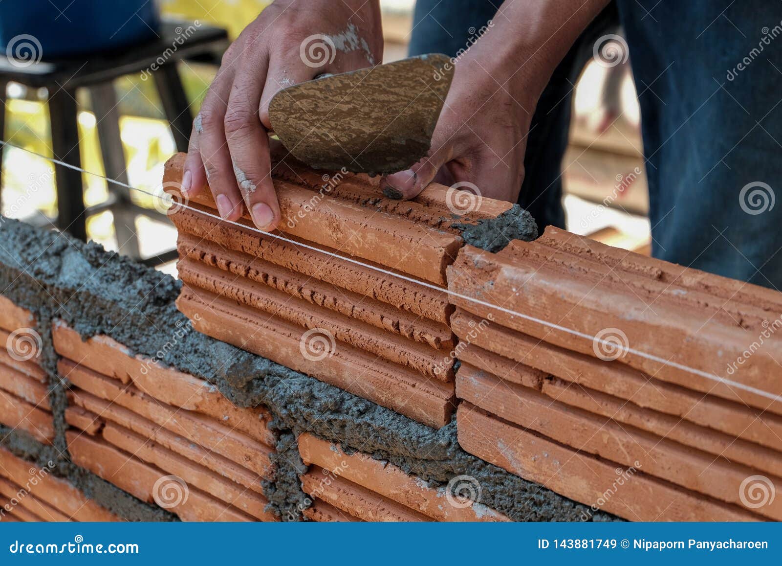Bricklayer Worker Installing Brick Masonry Stock Image - Image of ...