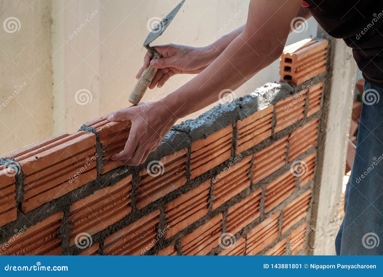 Bricklayer Worker Installing Brick Masonry Stock Image - Image of ...