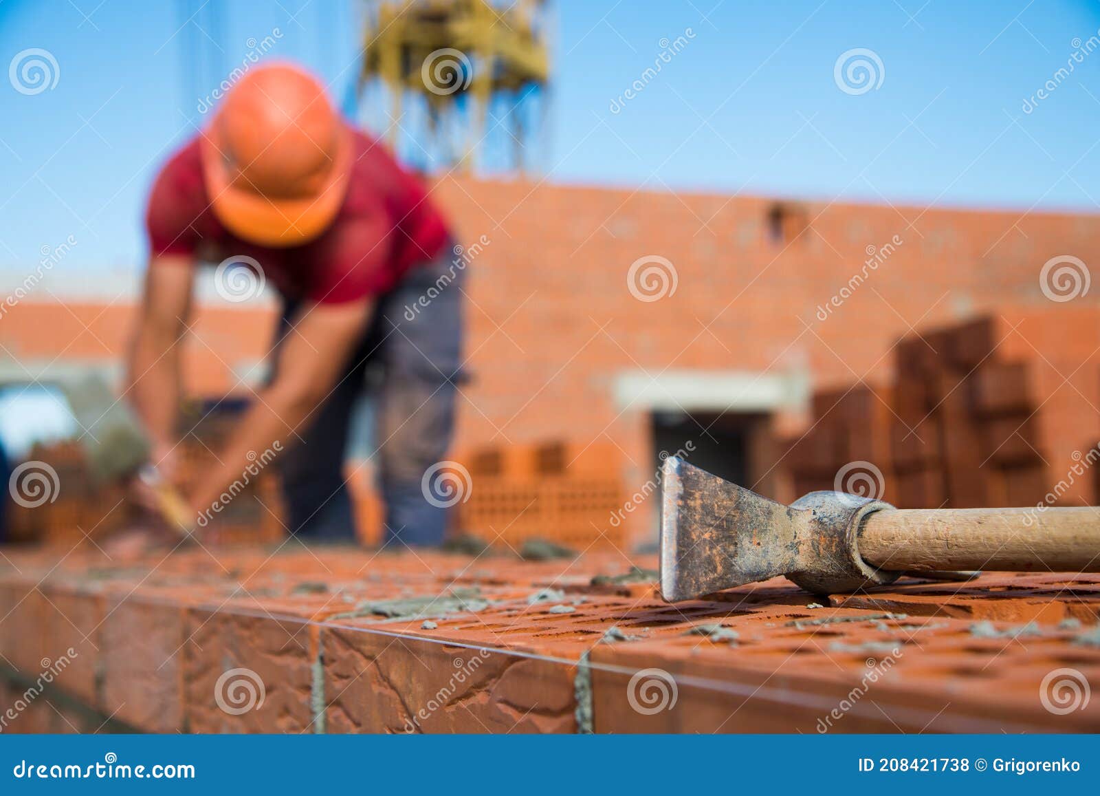 Bricklayer Worker Installing Brick Masonry on Exterior Wall Stock Photo ...