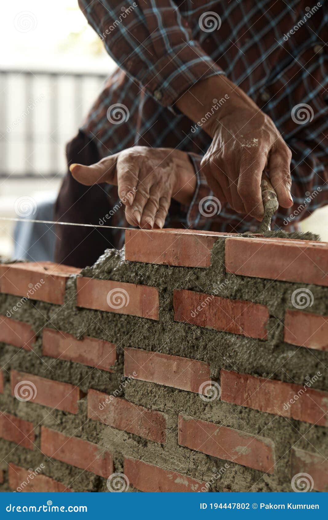 Bricklayer Worker Installing Brick Masonry Stock Photo - Image of ...