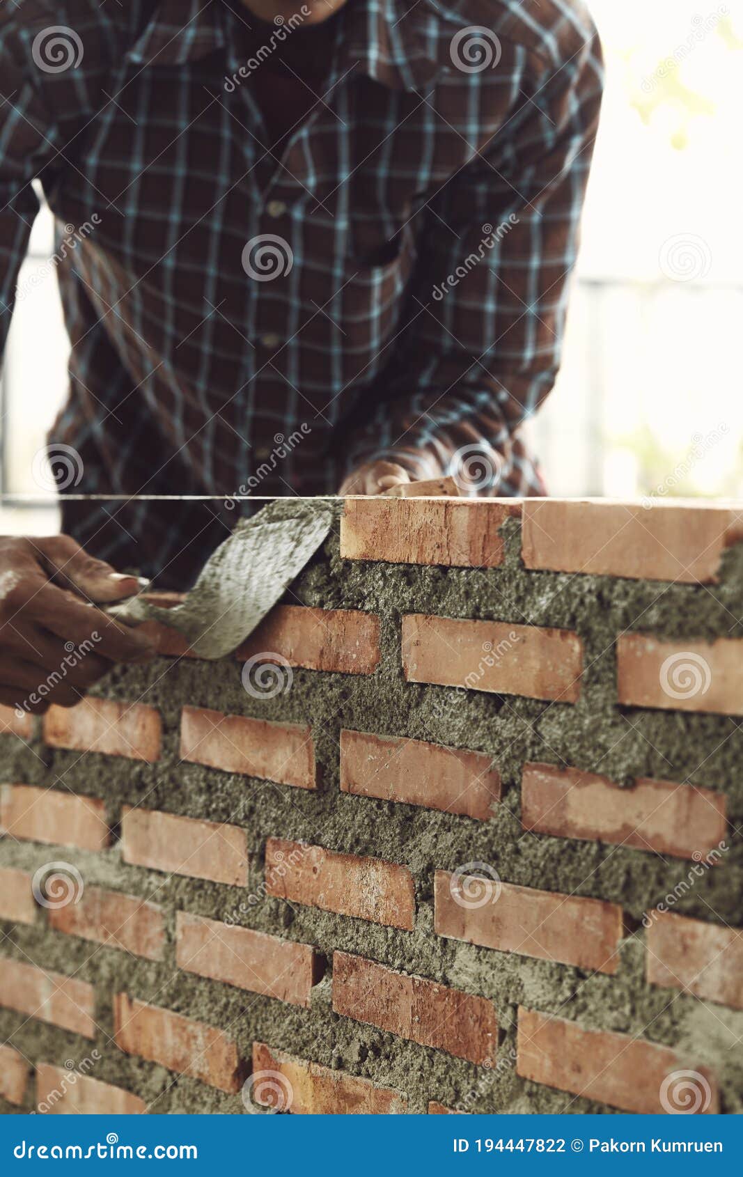 Bricklayer Worker Installing Brick Masonry Stock Photo - Image of ...