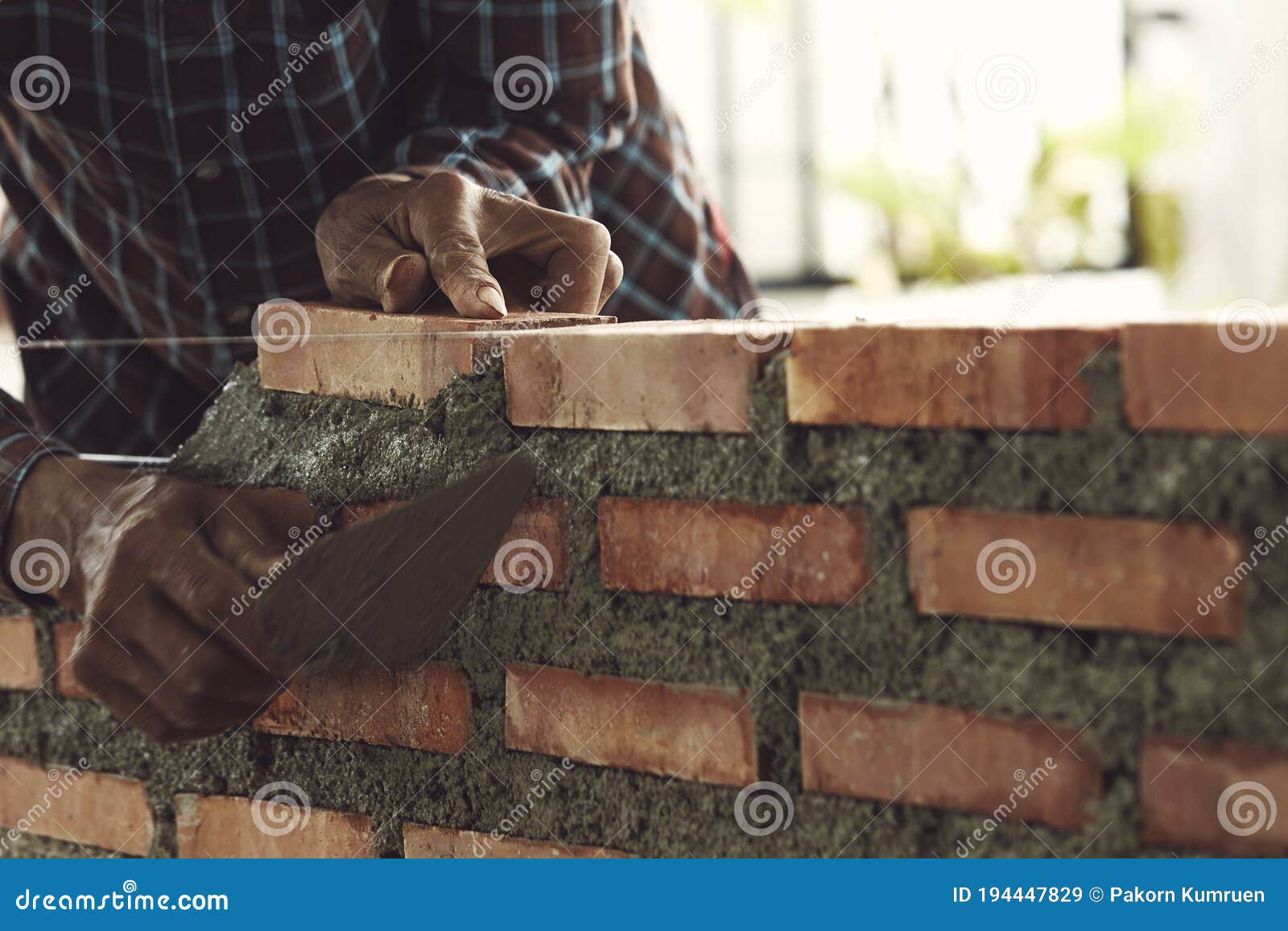 Bricklayer Worker Installing Brick Masonry Stock Image - Image of level ...