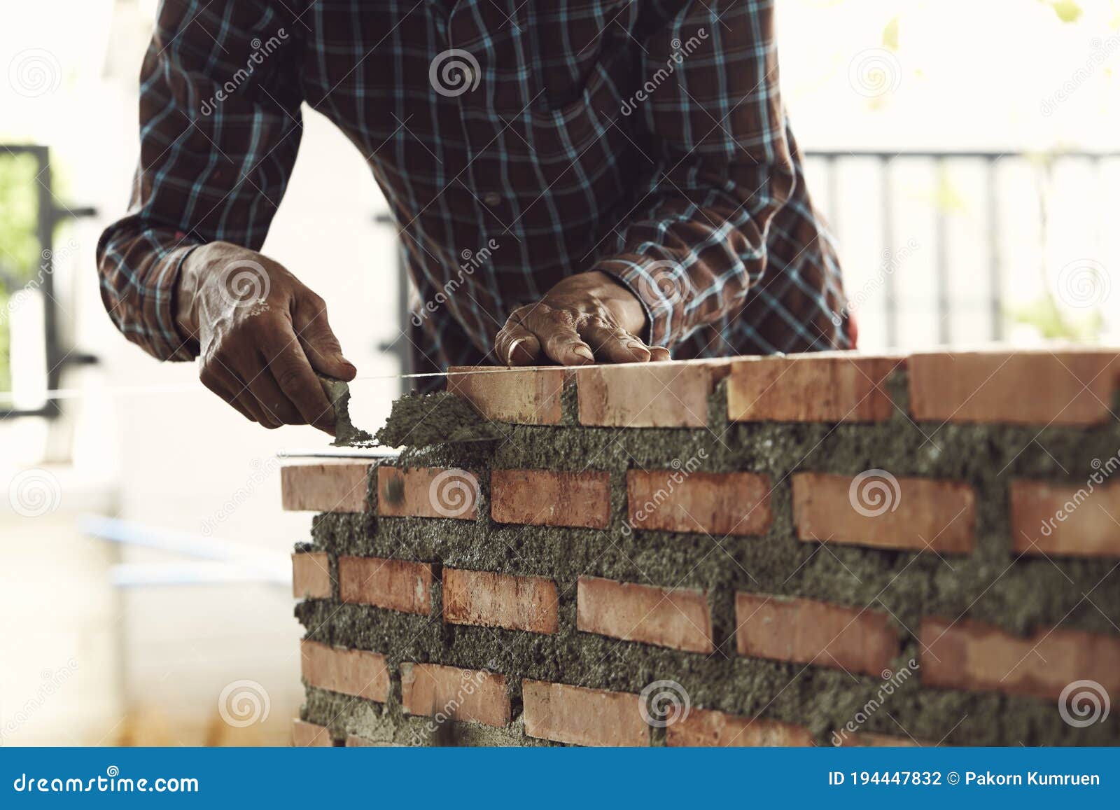 Bricklayer Worker Installing Brick Masonry Stock Photo - Image of build ...