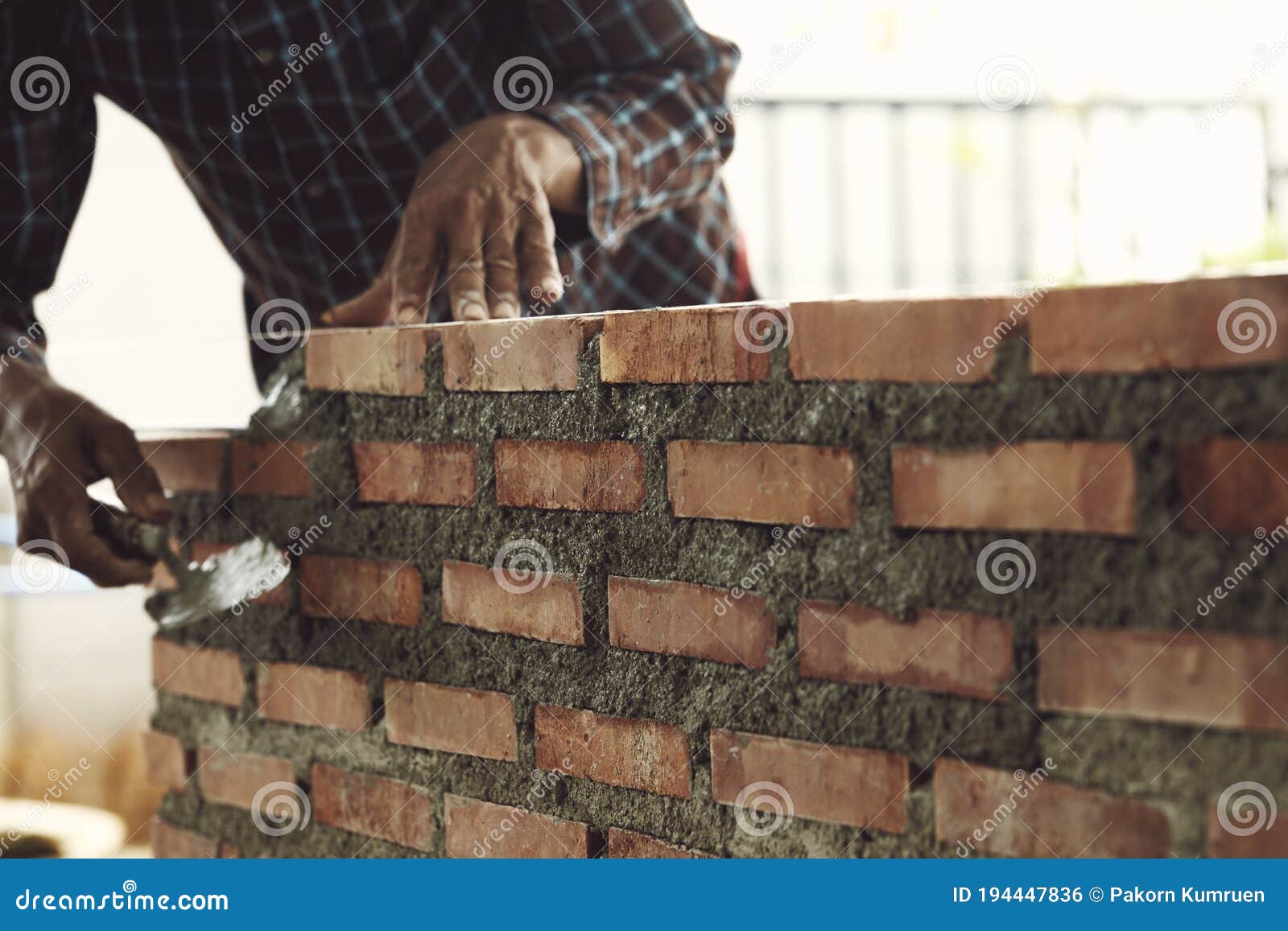 Bricklayer Worker Installing Brick Masonry Stock Photo - Image of ...