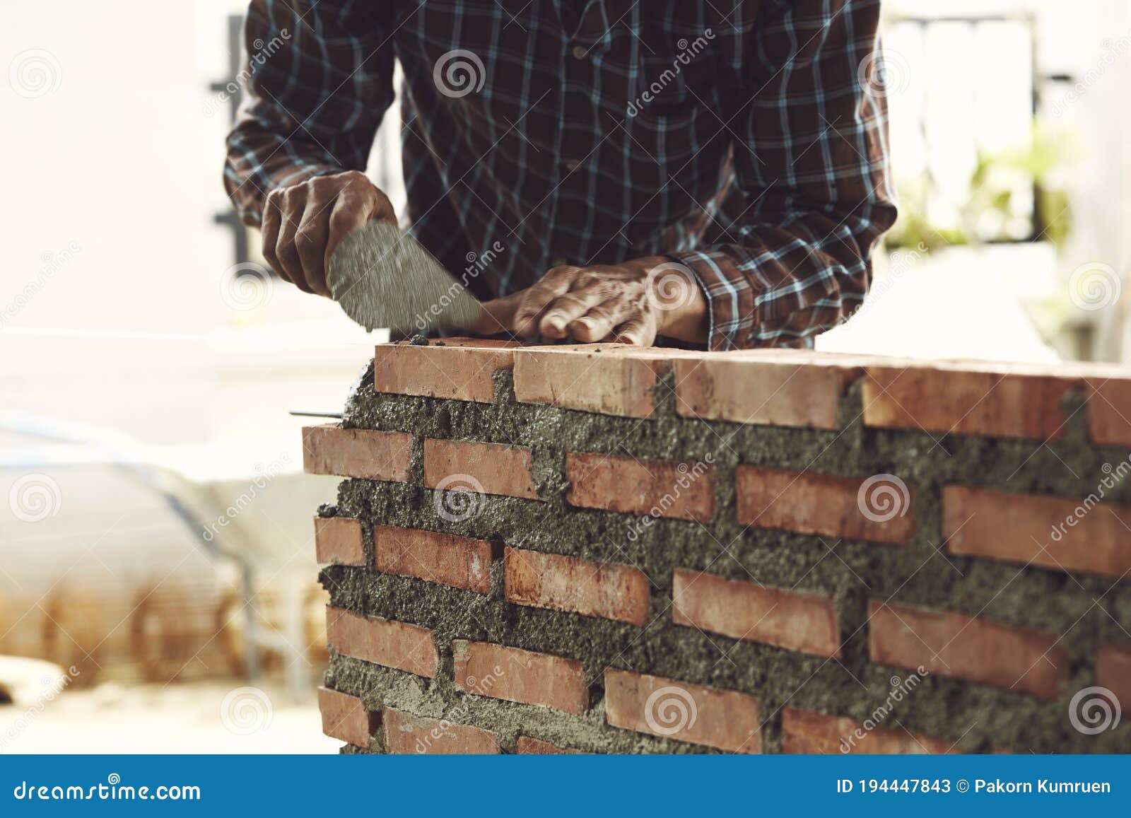 Bricklayer Worker Installing Brick Masonry Stock Image - Image of ...
