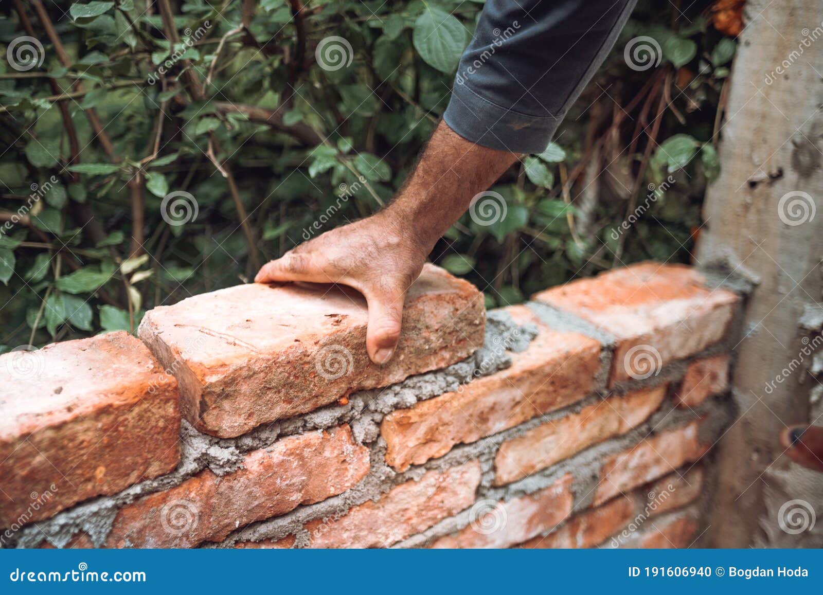Bricklayer Industrial Worker Installing Old Bricks. Masonry on Exterior ...