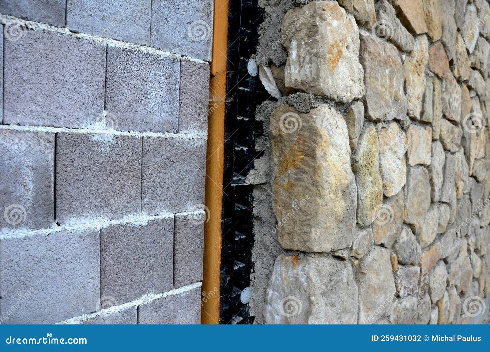 Bricklayers Tiling The House With Sandstone Stones. They Connect Stones ...