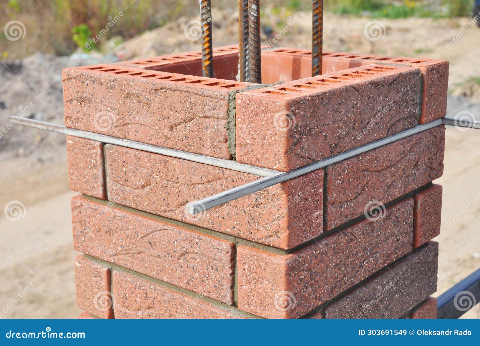 Bricklaying Column from Red Brick Blocks with Metal Rod Stock Image ...