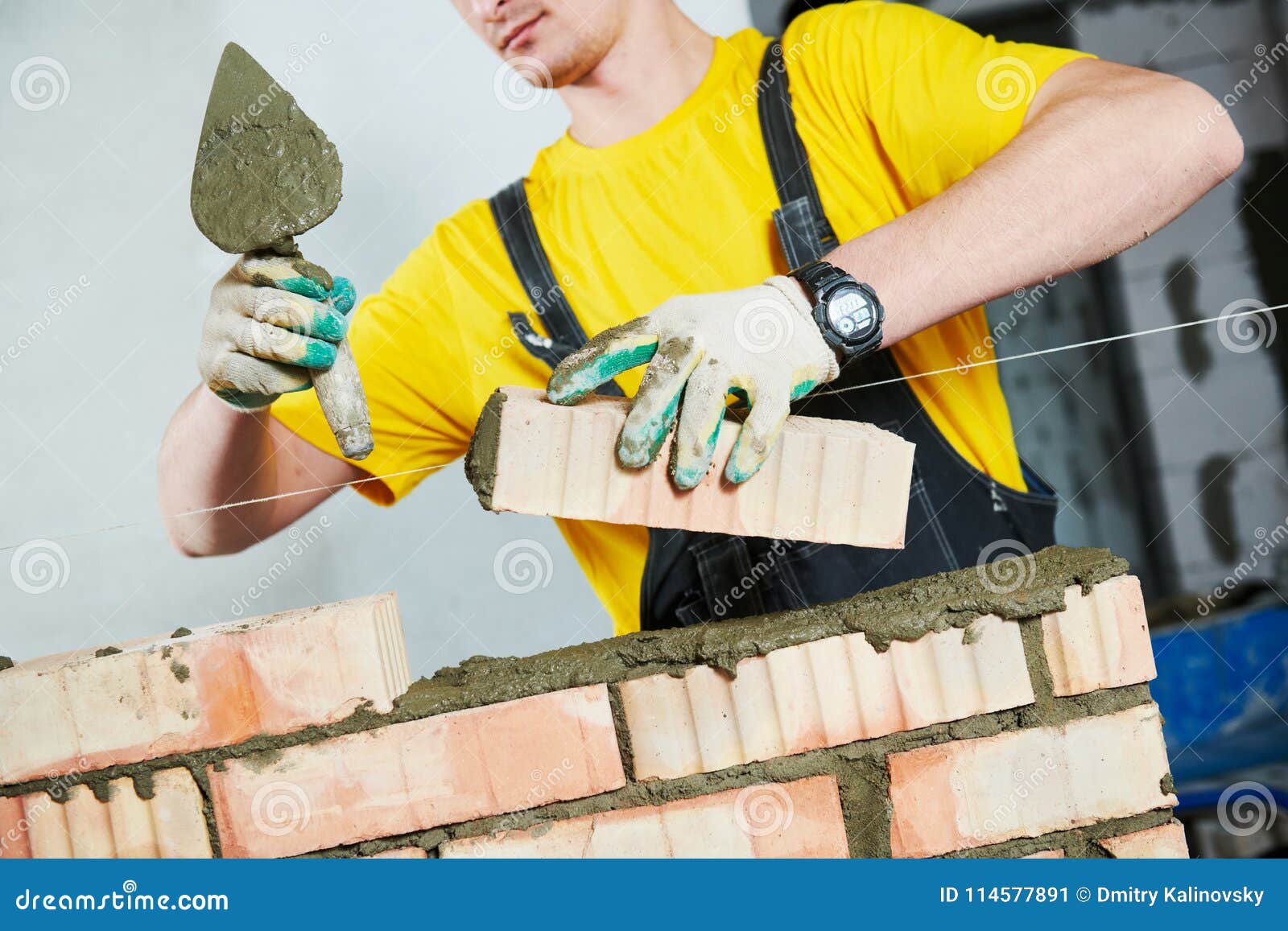 Bricklayer Builder Worker Laying Bricks Wall Stock Image - Image of ...