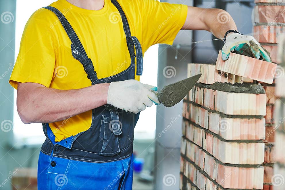 Bricklayer Builder Worker Laying Bricks Wall Stock Image - Image of ...
