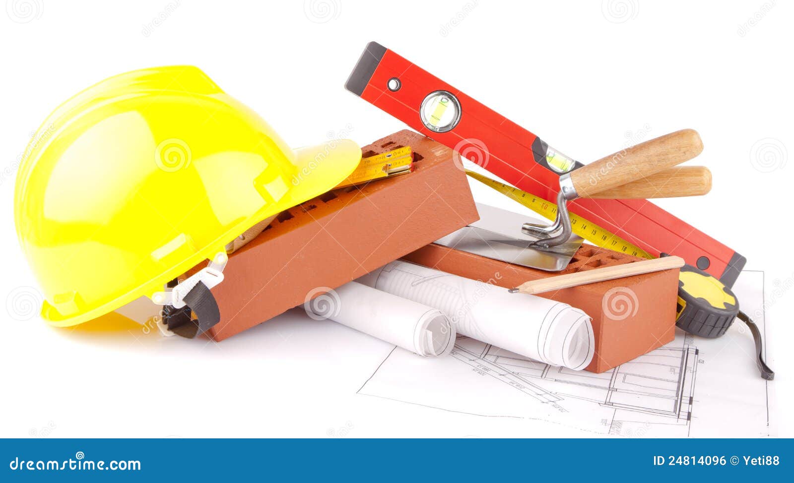 Bricks and Mason Construction Tools Stock Photo - Image of hard, level ...