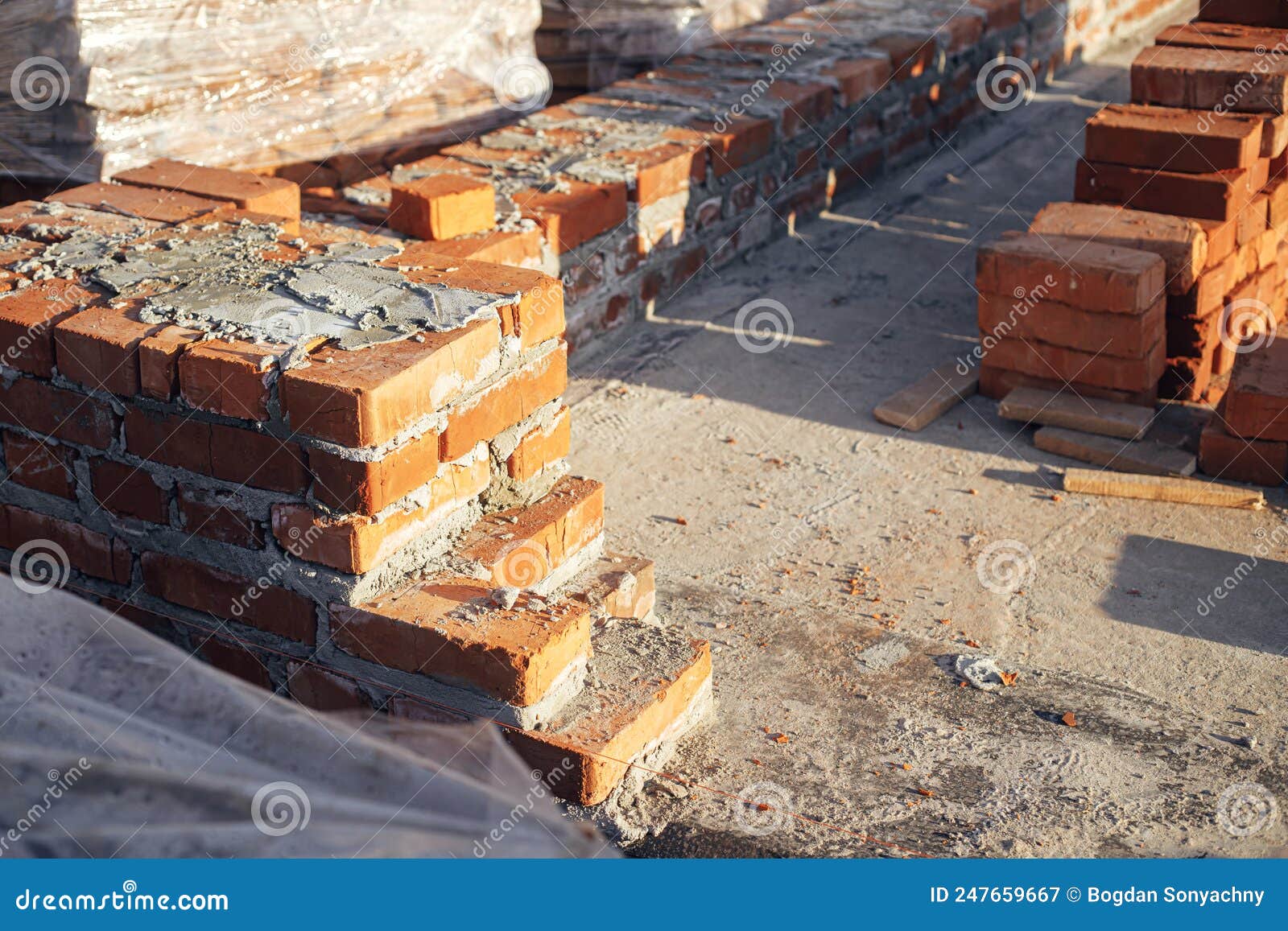 Bricks Masonry with Cement on Concrete Foundation, Process of House ...