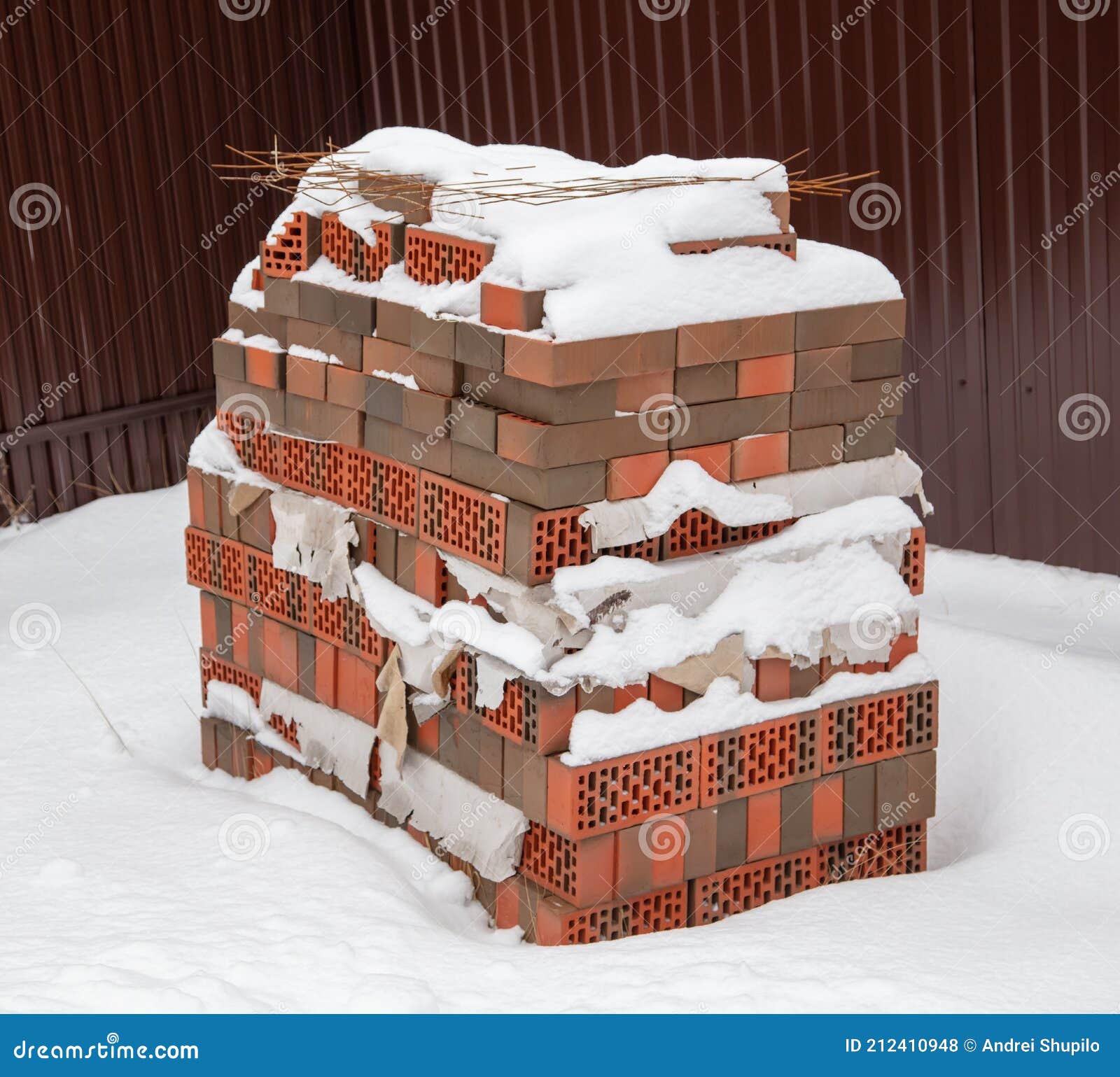 Bricks in the Snow at a Construction Site Stock Photo - Image of cold ...