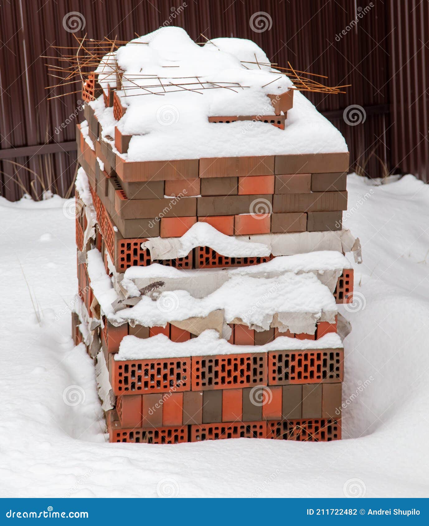 Bricks in the Snow at a Construction Site Stock Photo - Image of ...