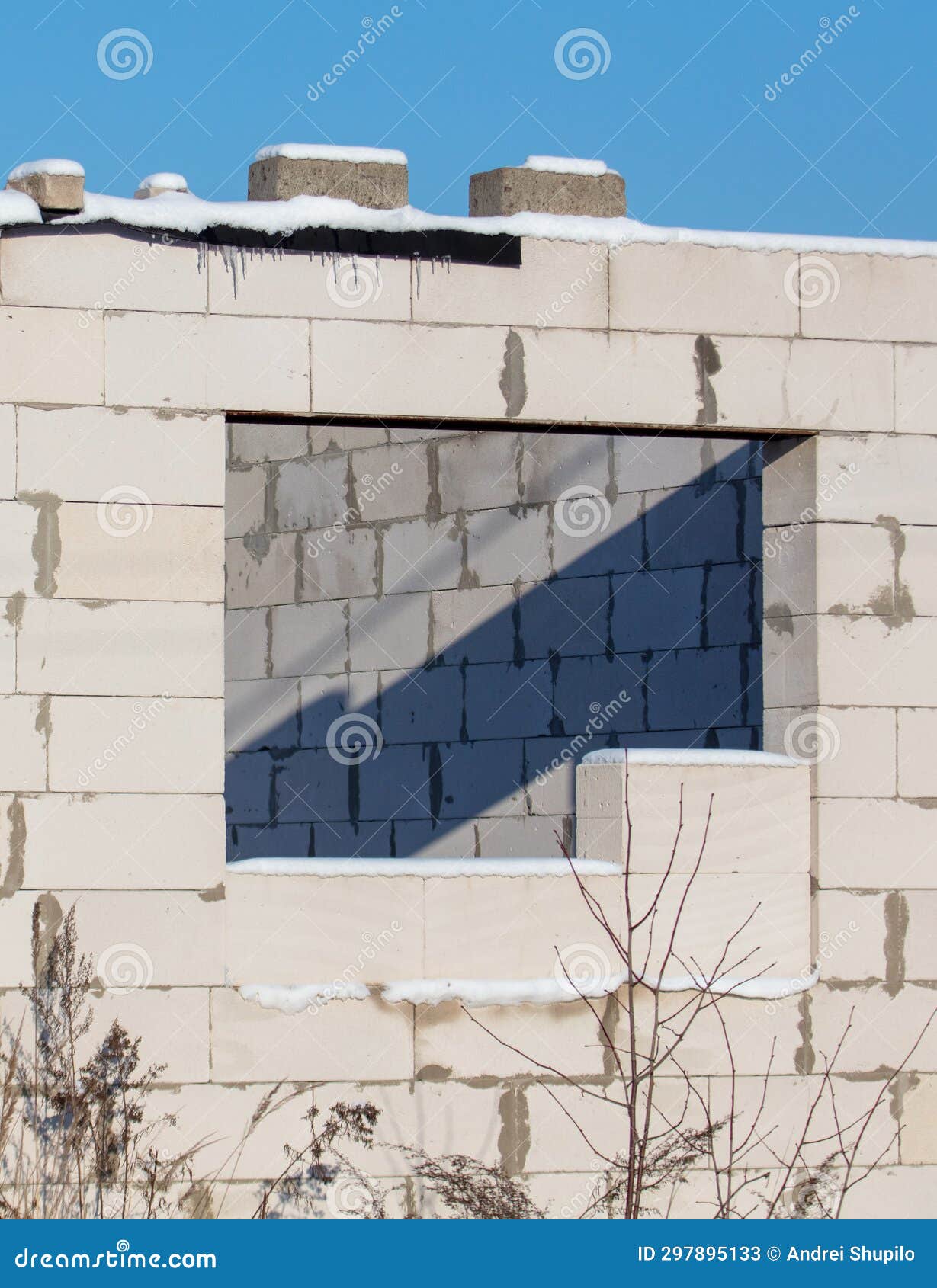 Bricks on an Unfinished House in the Snow in Winter Stock Image - Image ...