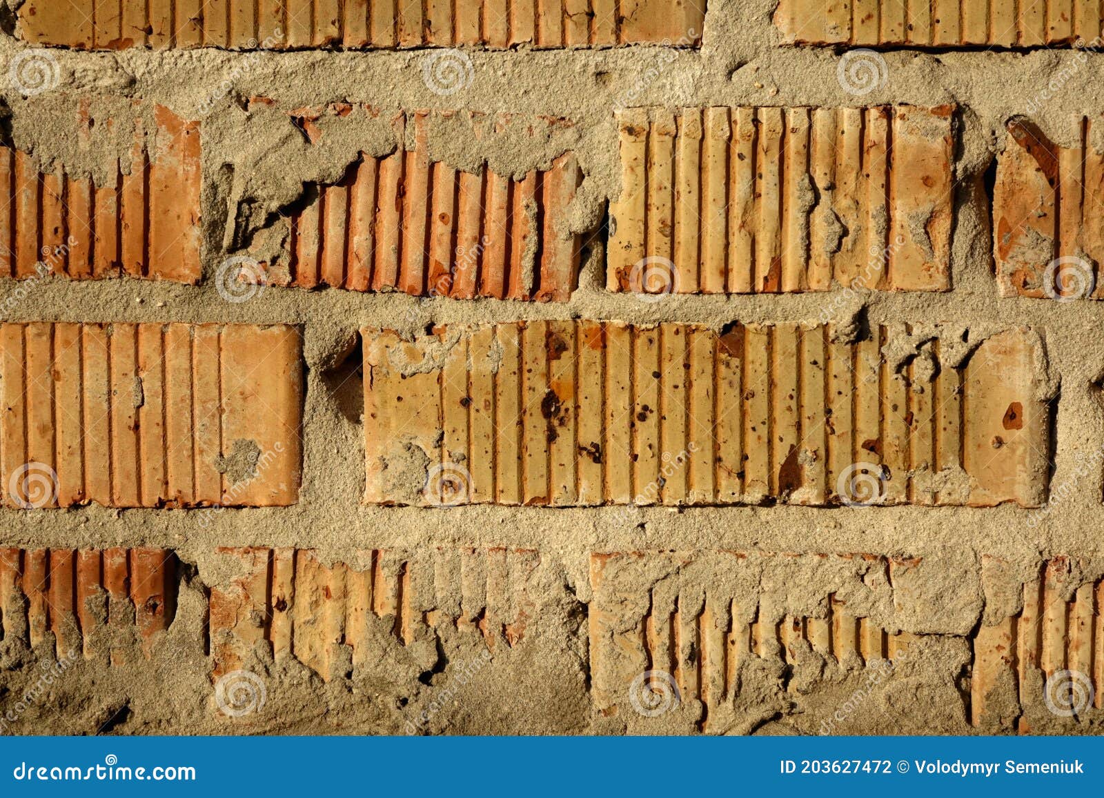 Brickwork Light Red Bricks with Vertical Grooves. Bad Gray Cement ...