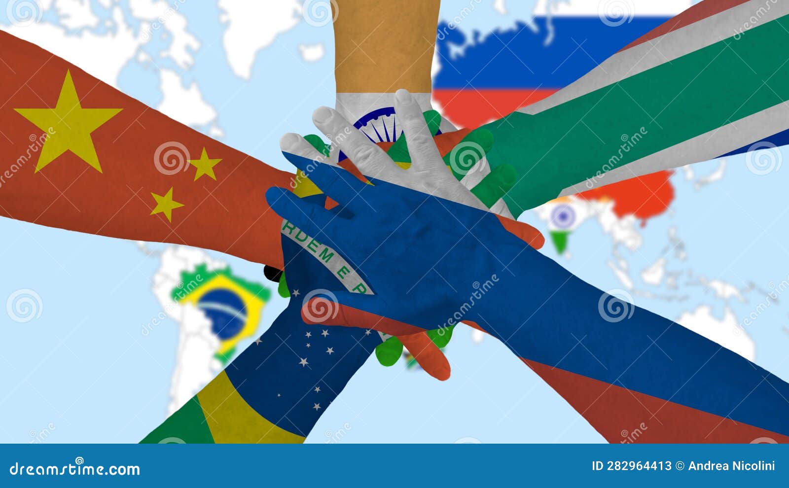 BRICS, Five Hands, with the Flags of the Countries, Come Together To ...