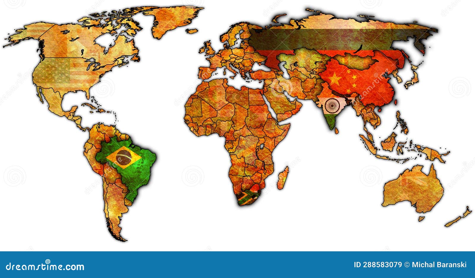 BRICS Member Countries Territory on World Map Stock Illustration ...