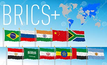BRICS Plus Organization, Waving Flags of the Countries and Map ...