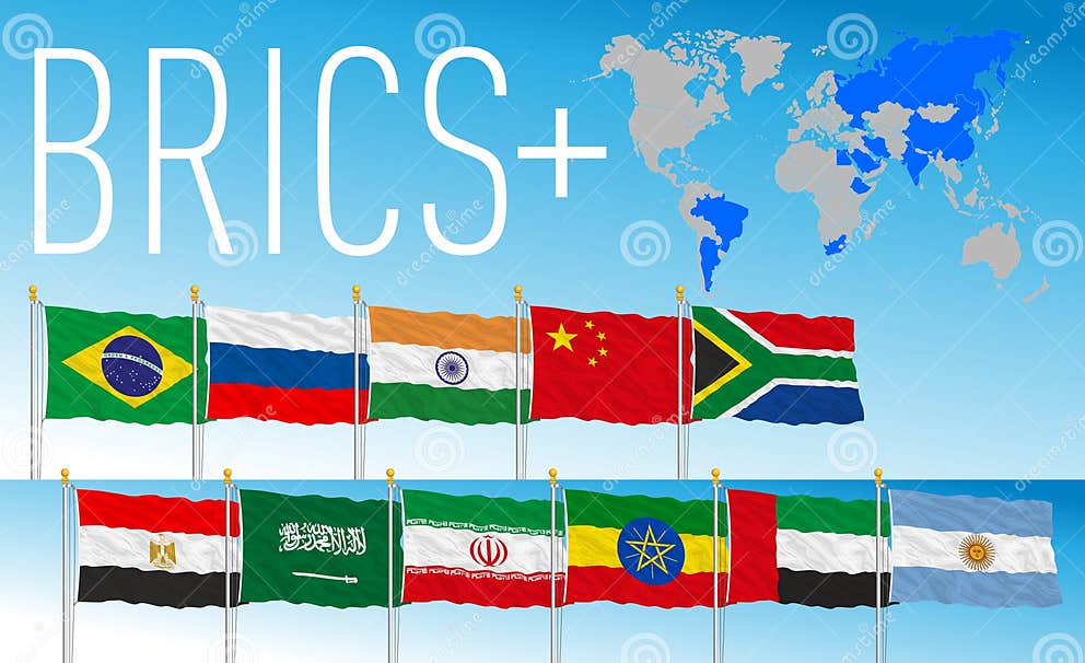 BRICS Plus Organization, Waving Flags of the Countries and Map ...