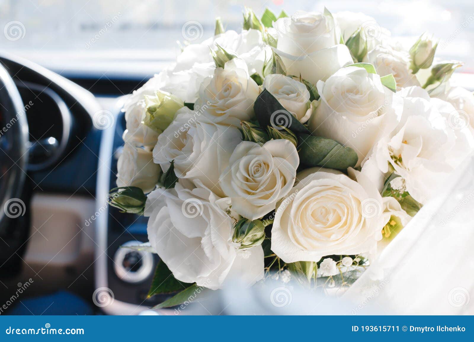 Bridal Bouquet of White Roses in a Car Interior Stock Image - Image of ...